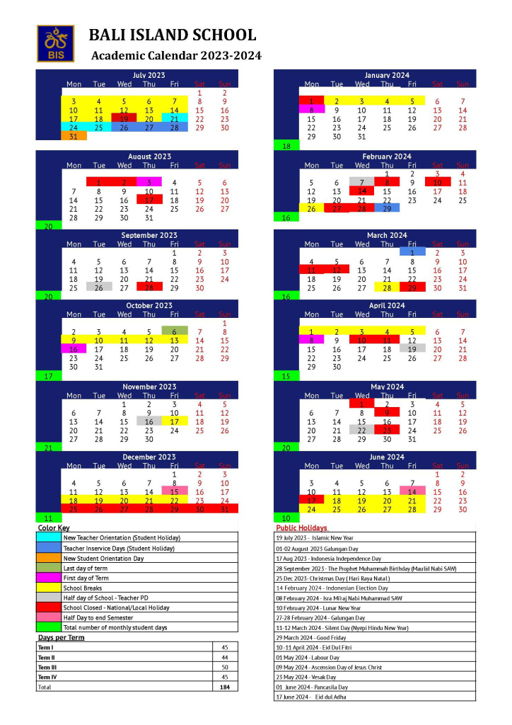 School Calendar 2023-2024 – Bali Island School