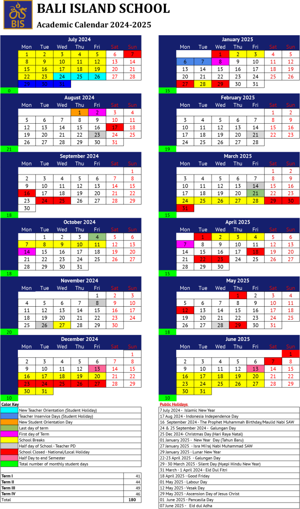 School Calendar 2024-2025 – Bali Island School