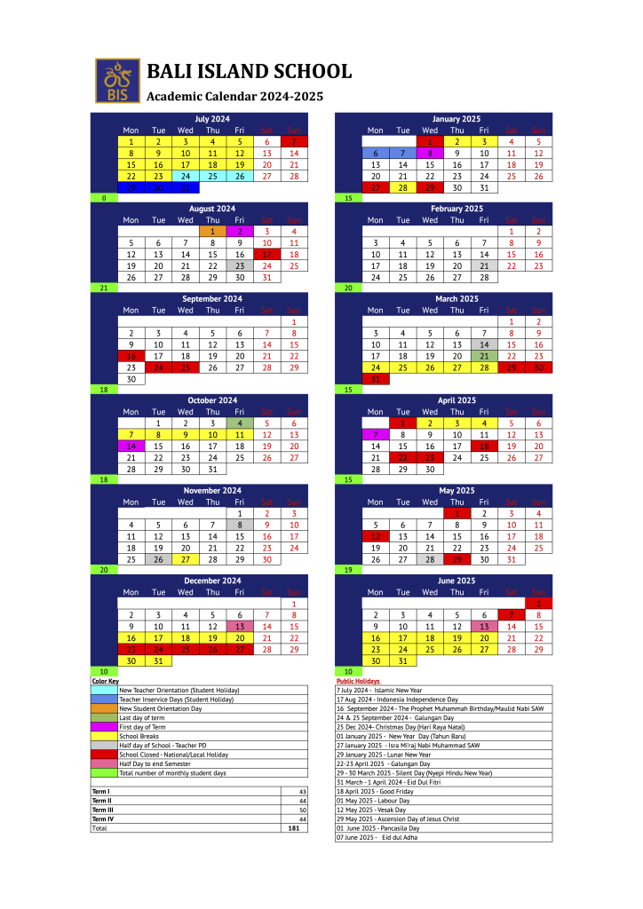 School Calendar 2024-2025 – Bali Island School
