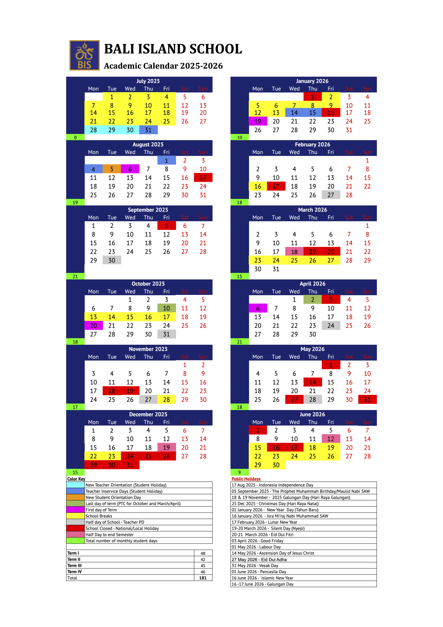 School Calendar 2025-2026 – Bali Island School